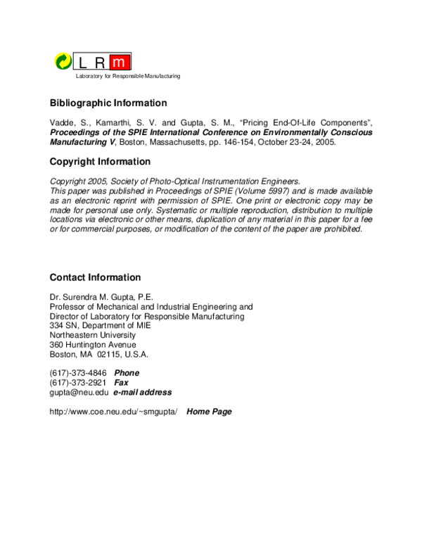 (PDF) Pricing end-of-life components