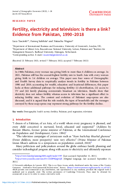 (PDF) Fertility, electricity and television: is there a link? Evidence ...