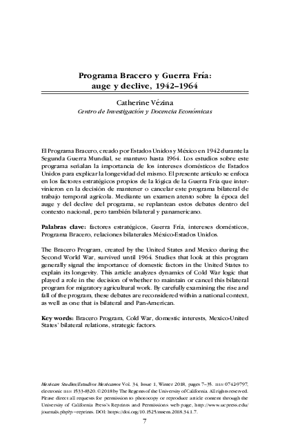 (PDF) Programa Bracero y Guerra Fría: auge y declive, 1942–1964