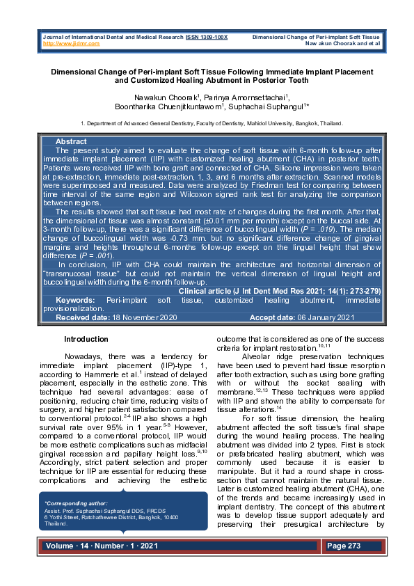 (PDF) Dimensional Change of Peri-implant Soft Tissue Following Immediate Implant Placement and ...