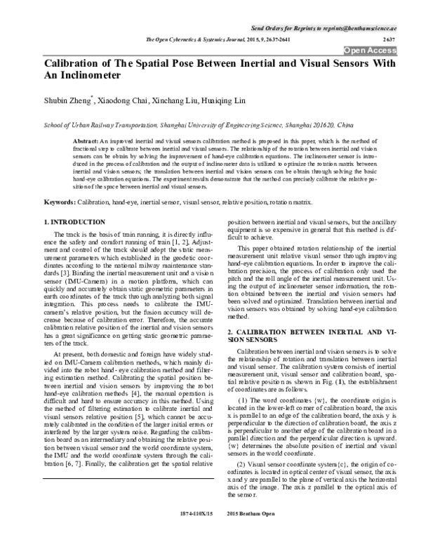 (PDF) Calibration of The Spatial Pose Between Inertial and Visual Sensors With An Inclinometer