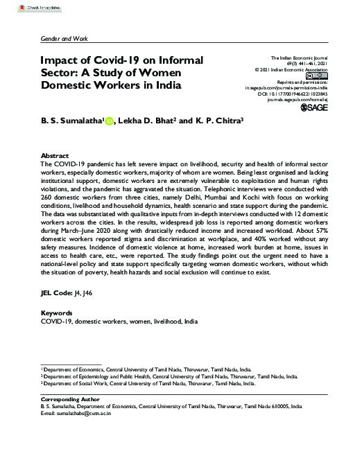 (PDF) Impact of Covid-19 on Informal Sector: A Study of Women Domestic Workers in India