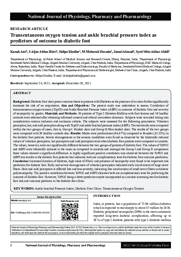 (PDF) Transcutaneous oxygen tension and ankle brachial pressure index ...