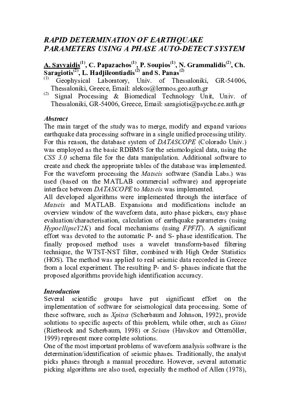 (PDF) Rapid determination of earthquake parameters using a phase auto-detect system