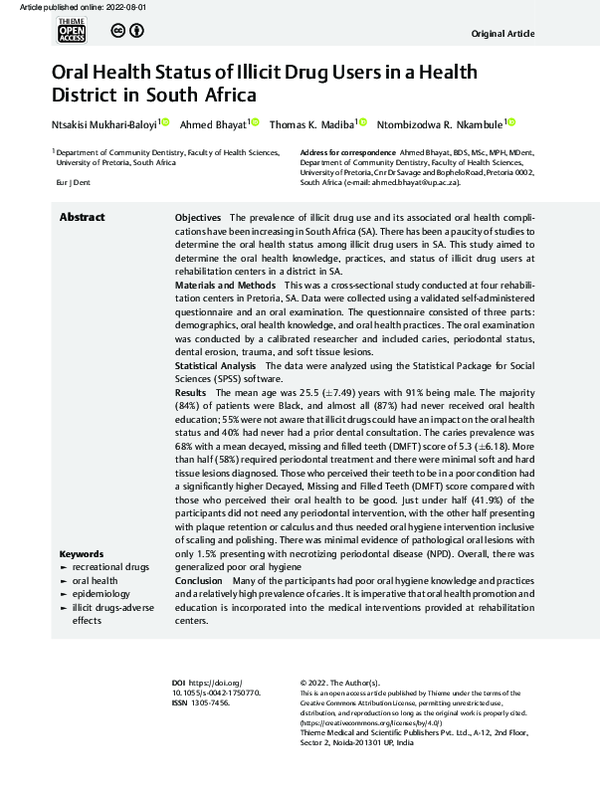 (PDF) Oral Health Status of Illicit Drug Users in a Health District in ...