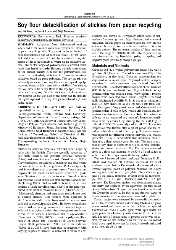 (PDF) Soy flour detackification of stickies from paper recycling | ved ...