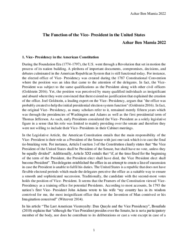 (PDF) The Function of the Vice-President in the United States