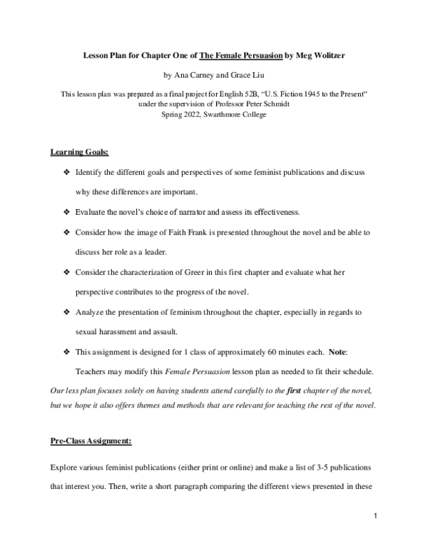 (PDF) Lesson Plan for Chapter One of The Female Persuasion by Meg Wolitzer