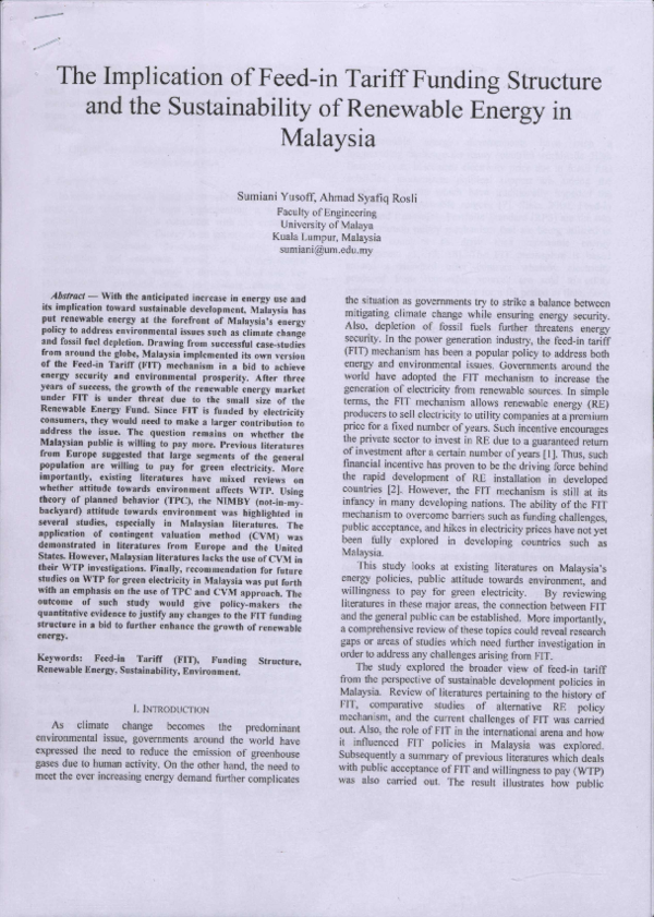 (PDF) The implication of feed-in tariff funding structureand the sustainability of renewable ...