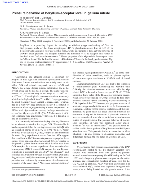 (PDF) Pressure behavior of beryllium-acceptor level in gallium nitride