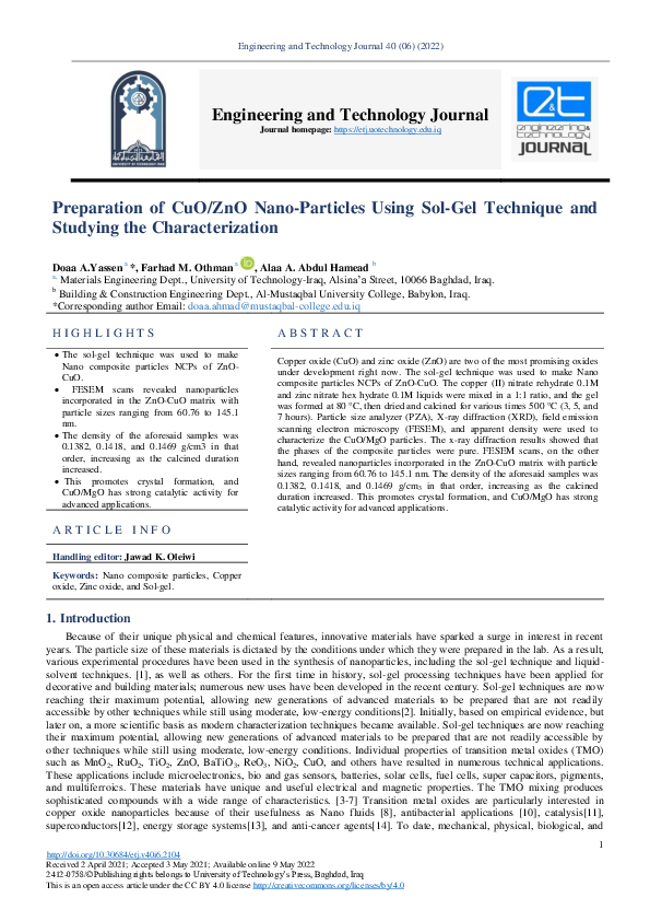 Pdf Preparation Of Cuo Zno Nano Particles Using Sol Gel Technique And