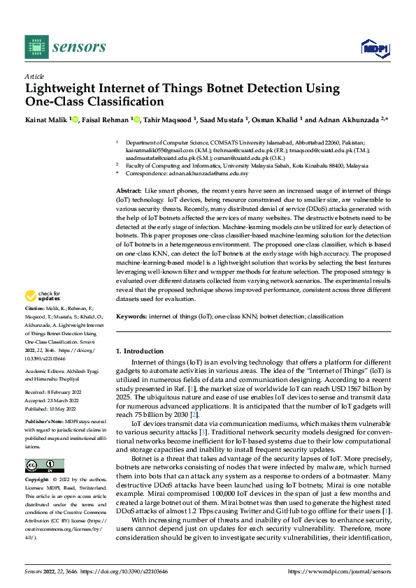 Pdf Lightweight Internet Of Things Botnet Detection Using One Class Classification