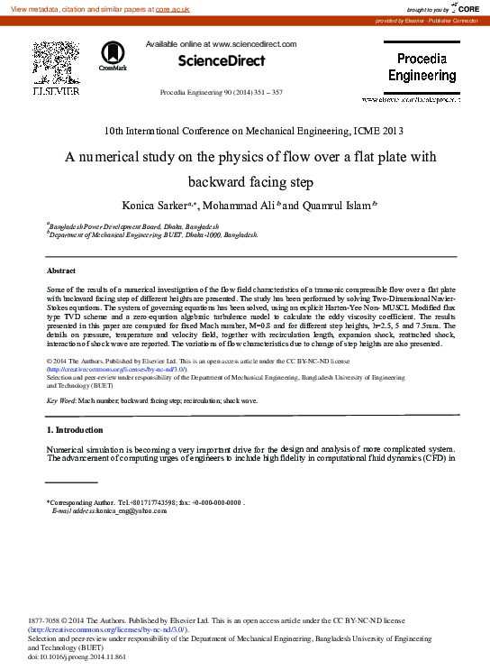 (PDF) A Numerical Study on the Physics of Flow Over a Flat Plate with Backward Facing Step