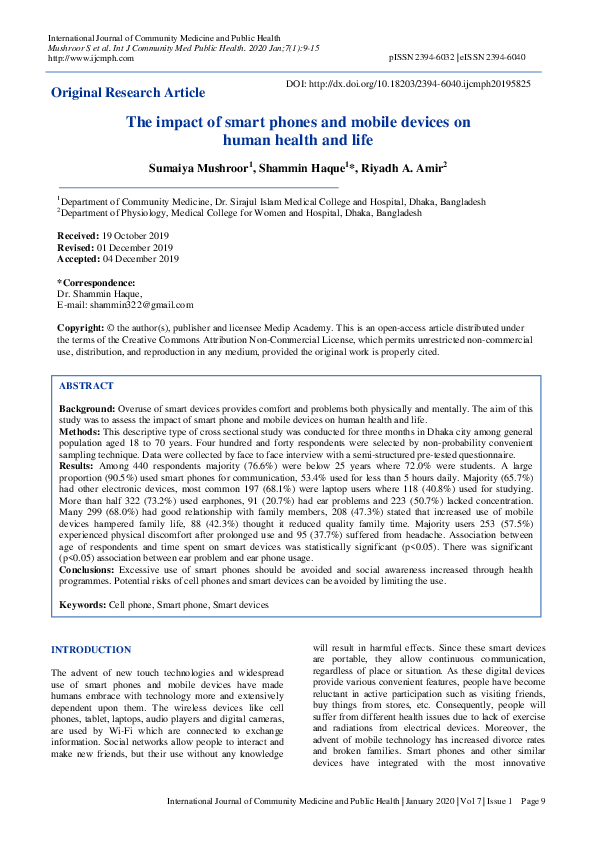 (PDF) The impact of smart phones and mobile devices on human health and ...