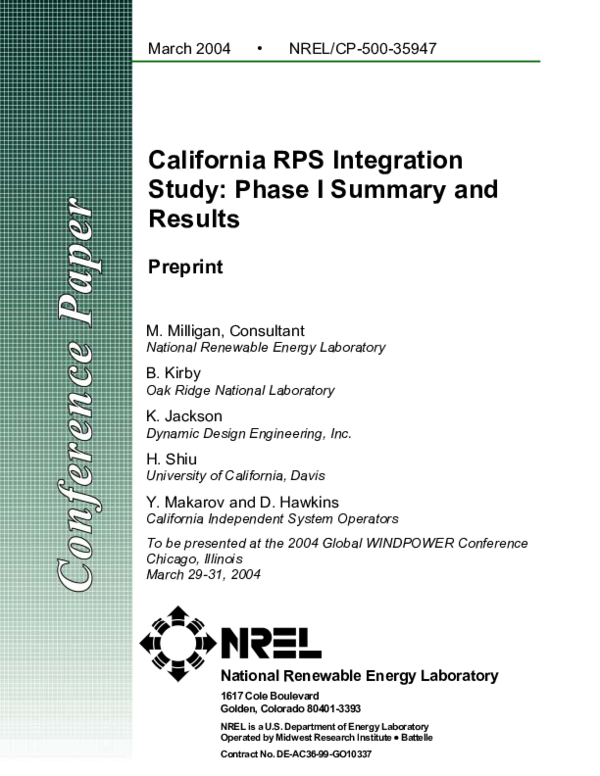 (PDF) California RPS Integration Study: Phase I Summary and Results