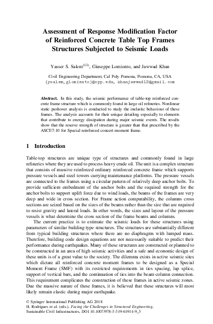 Pdf Assessment Of Response Modification Factor Of Reinforced Concrete Table Top Frames