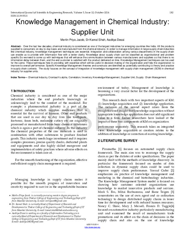 (PDF) Knowledge Management in Chemical Industry: Supplier Unit