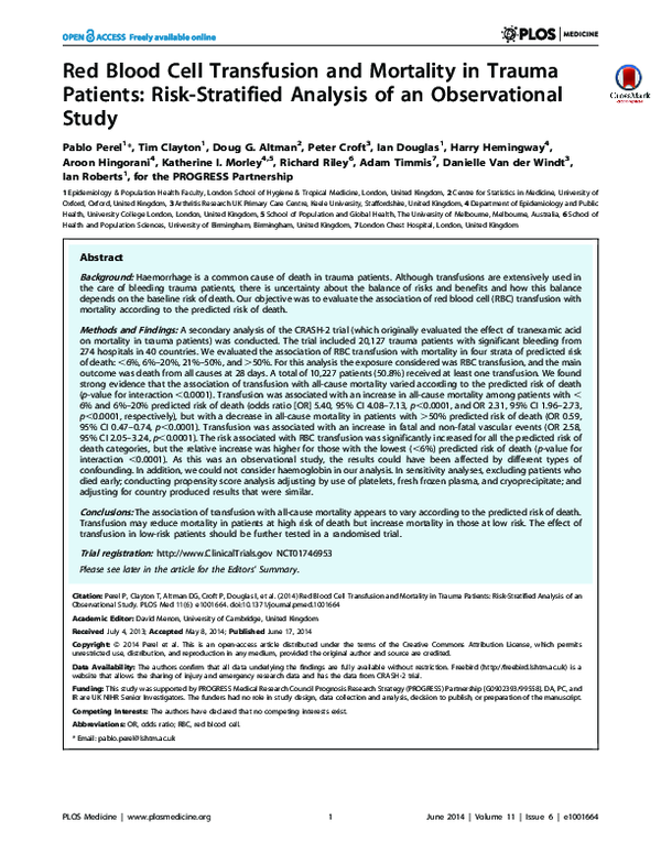 (PDF) Red blood cell transfusion and mortality in trauma patients: risk ...