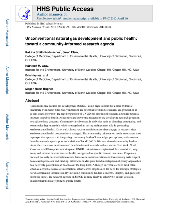 (PDF) Unconventional natural gas development and public health: toward ...