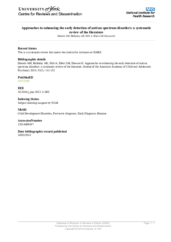 (PDF) Approaches to Enhancing the Early Detection of Autism Spectrum Disorders: A Systematic ...