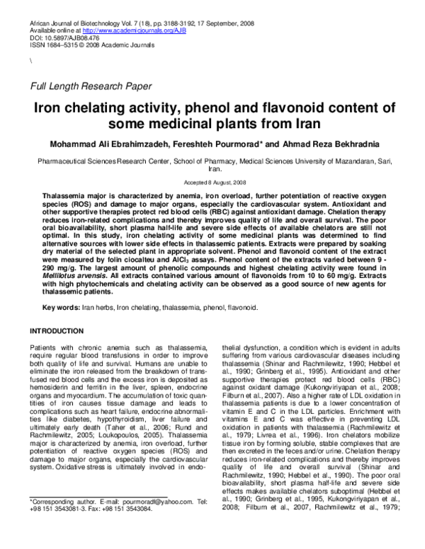 (PDF) Iron Chelating Activity, Phenol and Flavonoid Content of Some ...