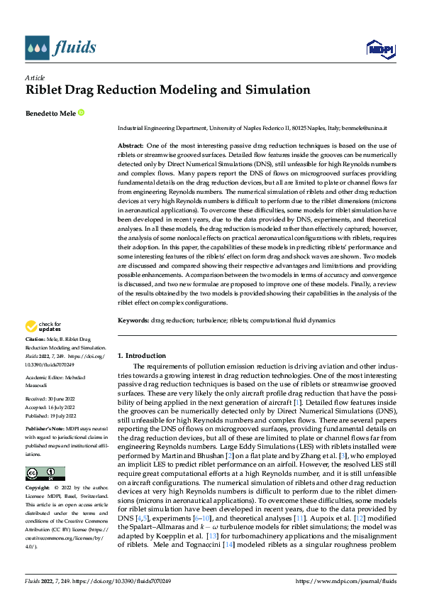 Pdf Riblet Drag Reduction Modeling And Simulation