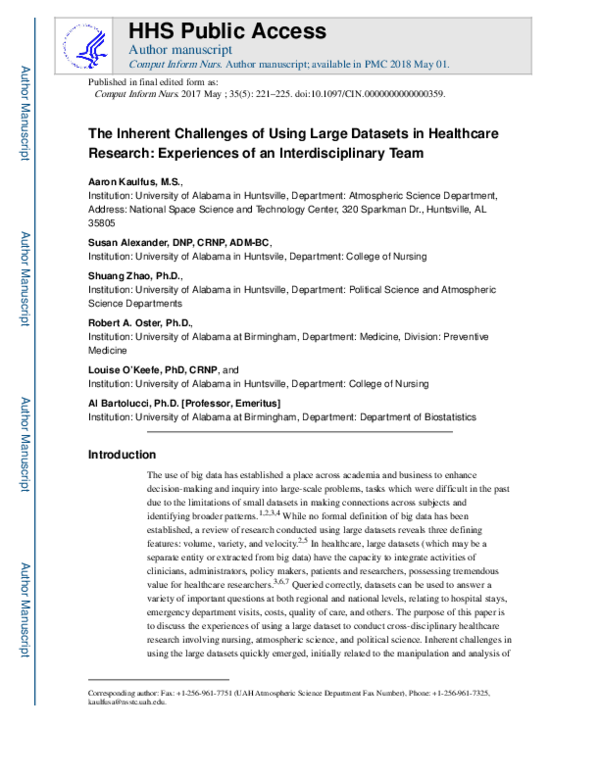 (PDF) The Inherent Challenges of Using Large Data Sets in Healthcare ... (PDF) The Inherent Challenges of Using Large Data Sets in Healthcare ...