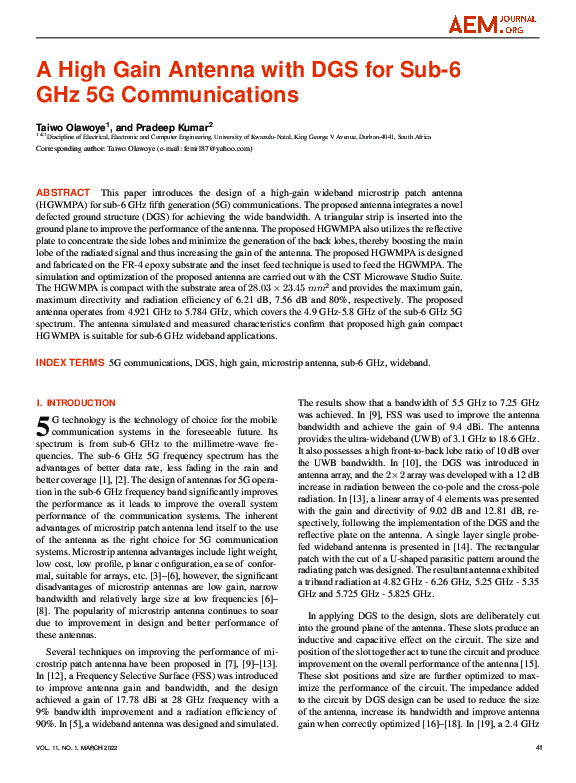 (PDF) A High Gain Antenna with DGS for Sub-6 GHz 5G Communications ...