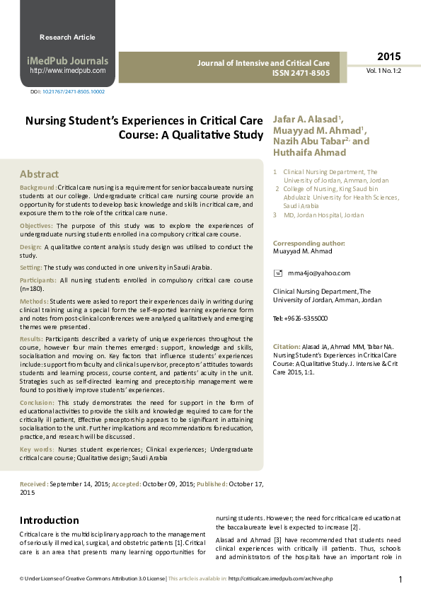 (PDF) Nursing Student's Experiences in Critical Care Course: A ...