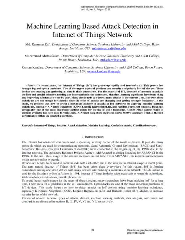Pdf Machine Learning Based Attack Detection In Internet Of Things Network