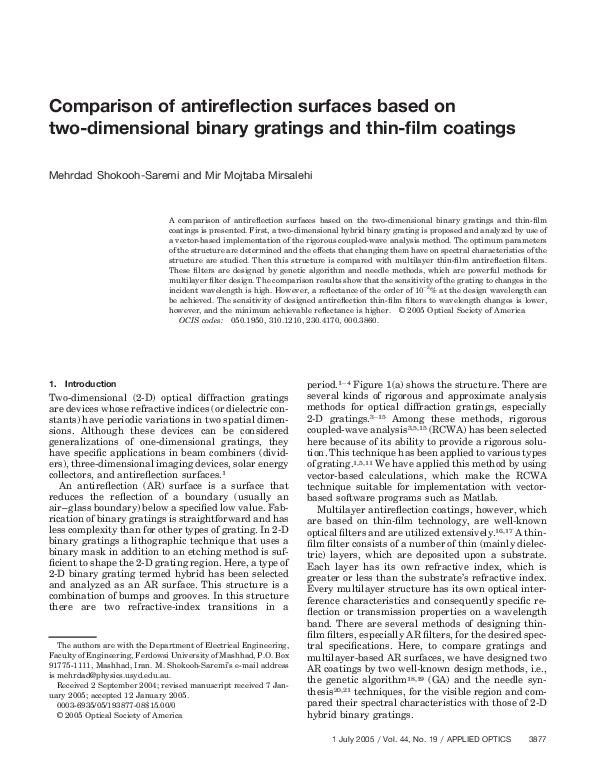 (PDF) Comparison of antireflection surfaces based on two-dimensional binary gratings and thin ...