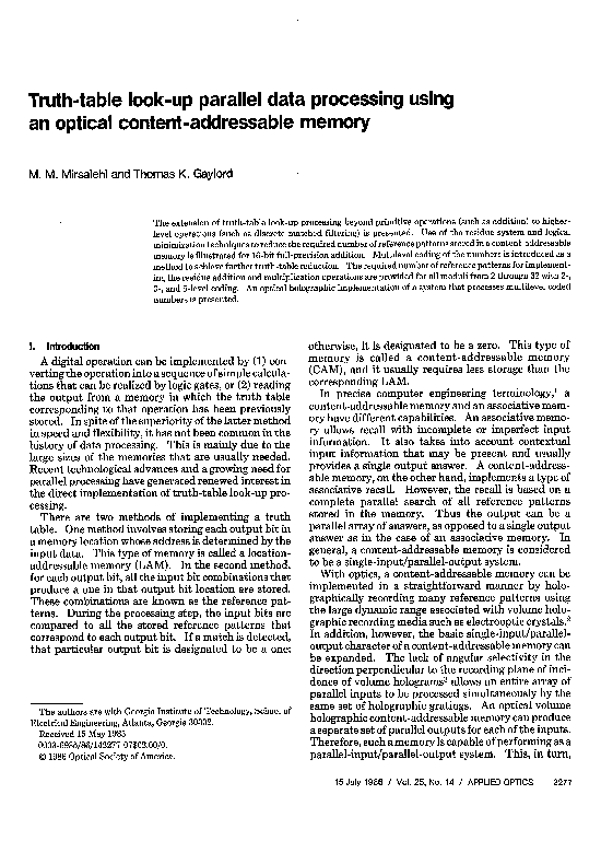 Pdf Truth Table Look Up Parallel Data Processing Using An Optical Content Addressable Memory