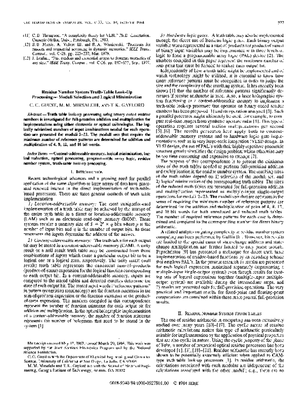Pdf Residue Number System Truth Table Look Up Processing—moduli Selection And Logical Minimization