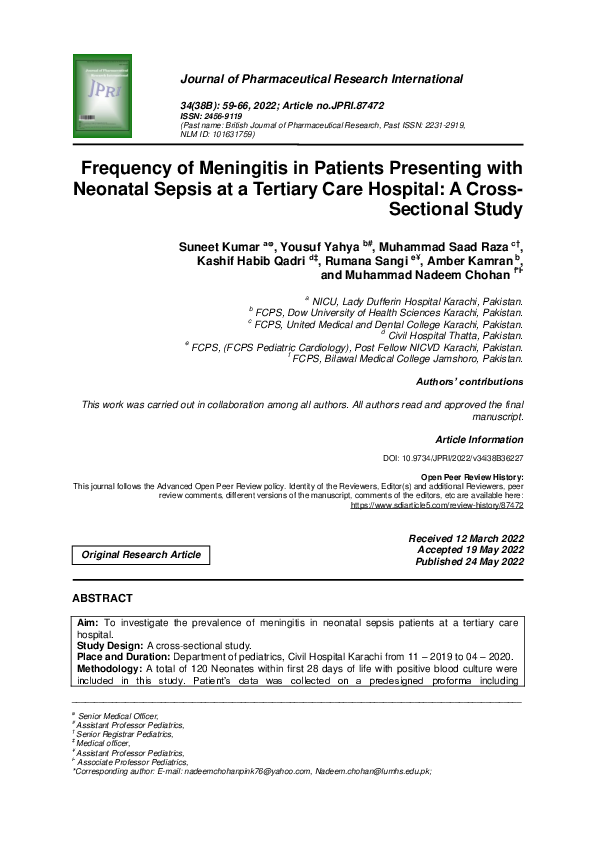 (PDF) Frequency of Meningitis in Patients Presenting with Neonatal ...
