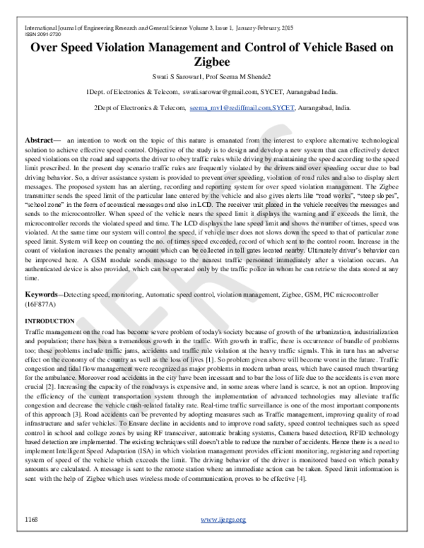 (PDF) Over Speed Violation Management and Control of Vehicle Based on ...