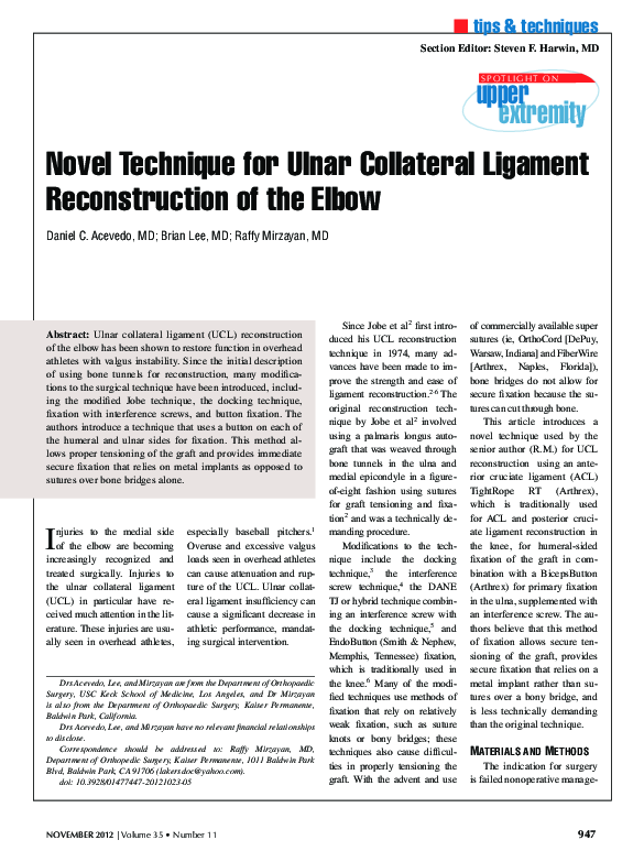 (PDF) Novel Technique for Ulnar Collateral Ligament Reconstruction of ... (PDF) Novel Technique for Ulnar Collateral Ligament Reconstruction of ...
