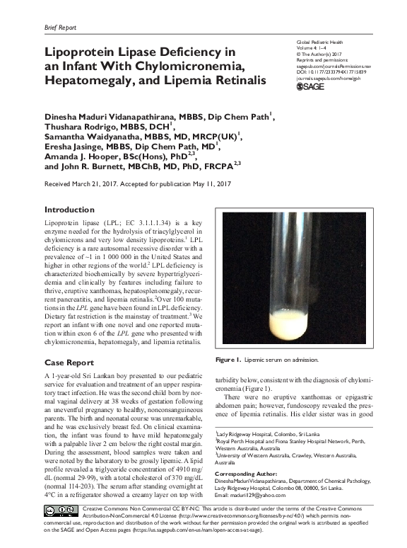 (PDF) Lipoprotein Lipase Deficiency in an Infant With Chylomicronemia ...