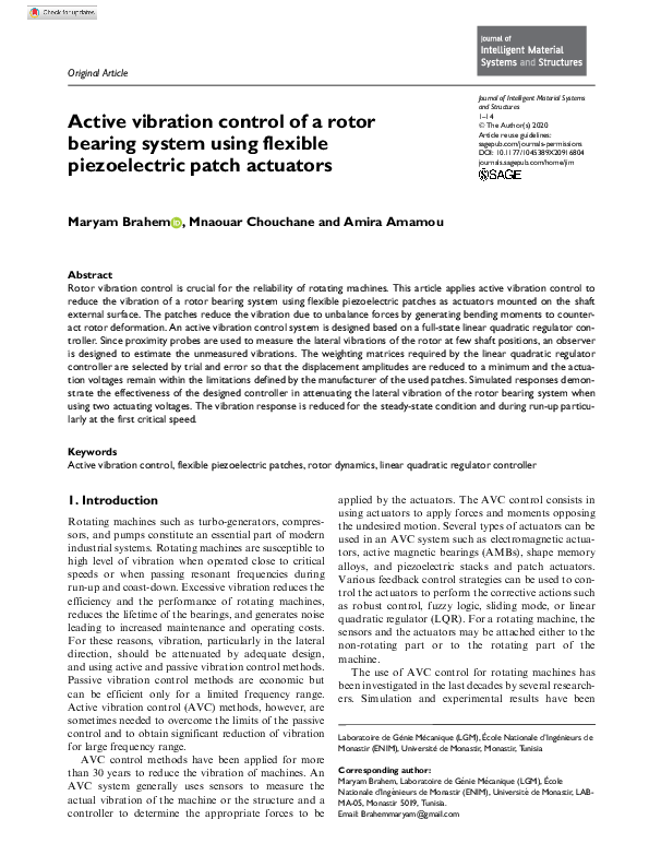 Pdf Active Vibration Control Of A Rotor Bearing System Using Piezoelectric Patch Actuators And
