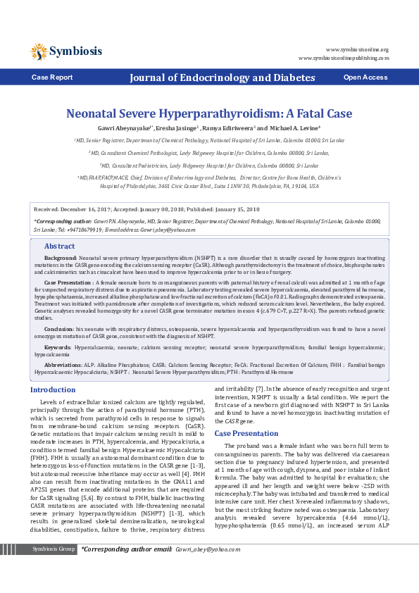 (PDF) Neonatal Severe Hyperparathyroidism: A Fatal Case | Eresha ...