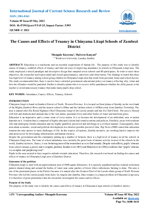(PDF) The Causes and Effects of Truancy in Chinyama Litapi Schools of ...