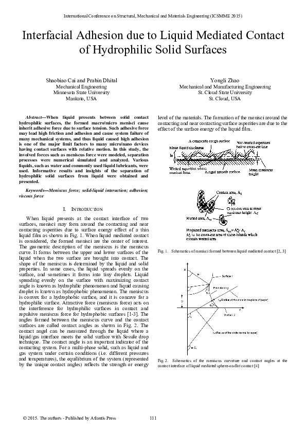 (PDF) Interfacial Adhesion due to Liquid Mediated Contact of ...