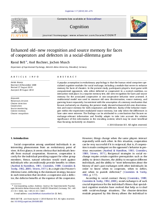 Pdf Enhanced Oldnew Recognition And Source Memory For Faces Of Cooperators And Defectors In A