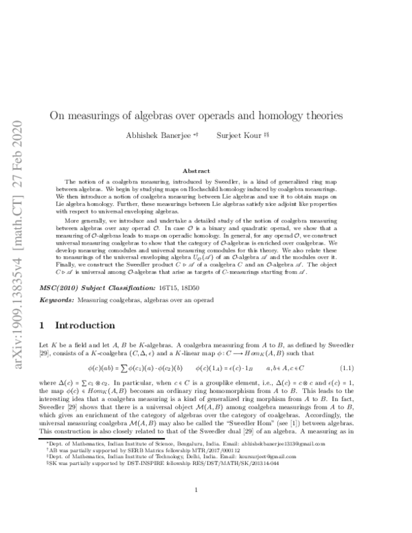 (PDF) On measurings of algebras over operads and homology theories
