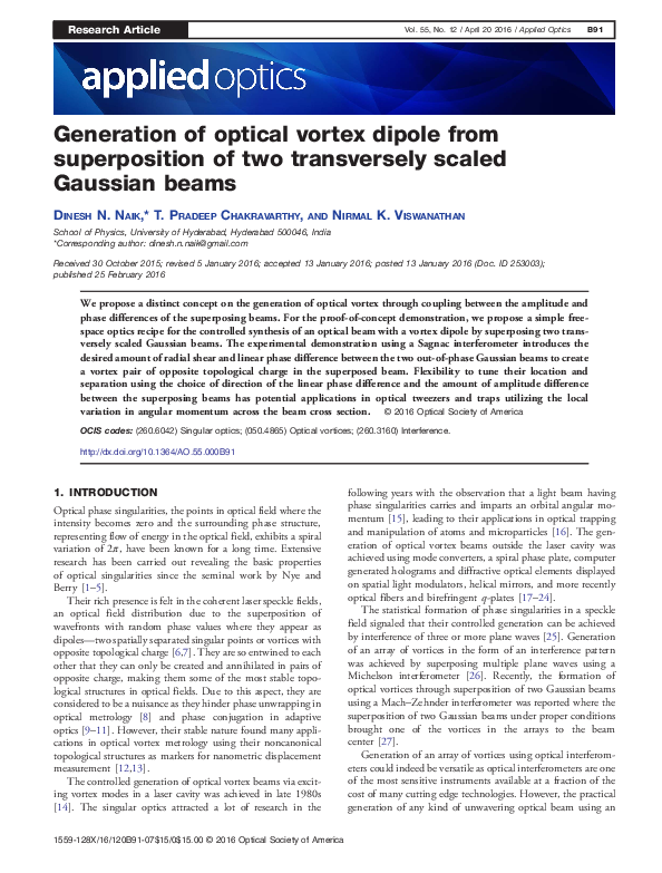 (PDF) Generation of optical vortex dipole from superposition of two transversely scaled Gaussian ...
