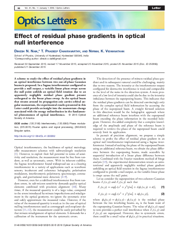 Pdf Effect Of Residual Phase Gradients In Optical Null Interference