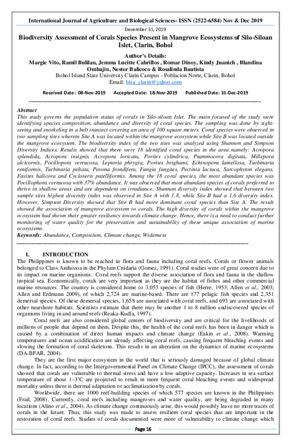 (PDF) Biodiversity Assessment of Corals Species Present in Mangrove ...