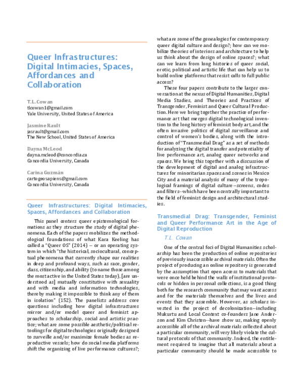 (PDF) Queer Infrastructures: Digital Intimacies, Spaces, Affordances and Collaboration