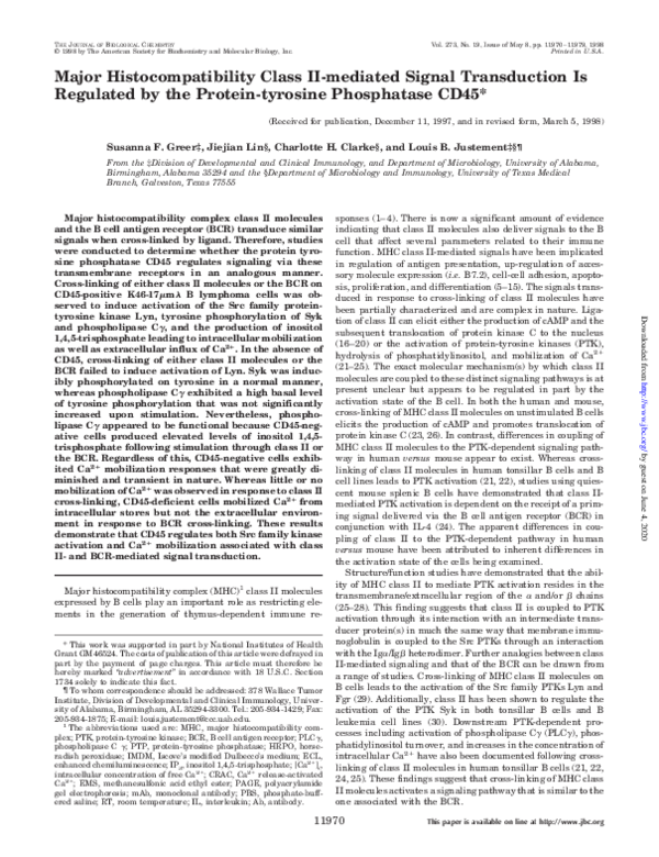 (PDF) Major Histocompatibility Class II-mediated Signal Transduction Is Regulated by the Protein ...