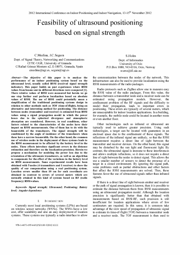 (PDF) Feasibility of ultrasound positioning based on signal strength