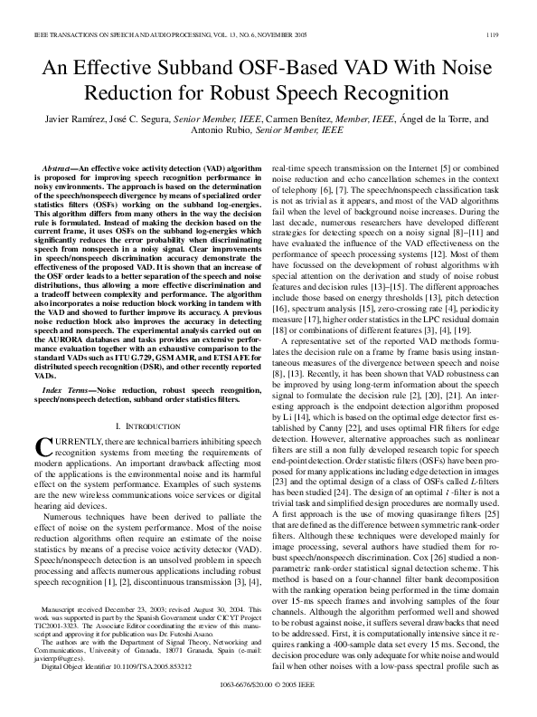 Pdf An Effective Subband Osf Based Vad With Noise Reduction For Robust Speech Recognition